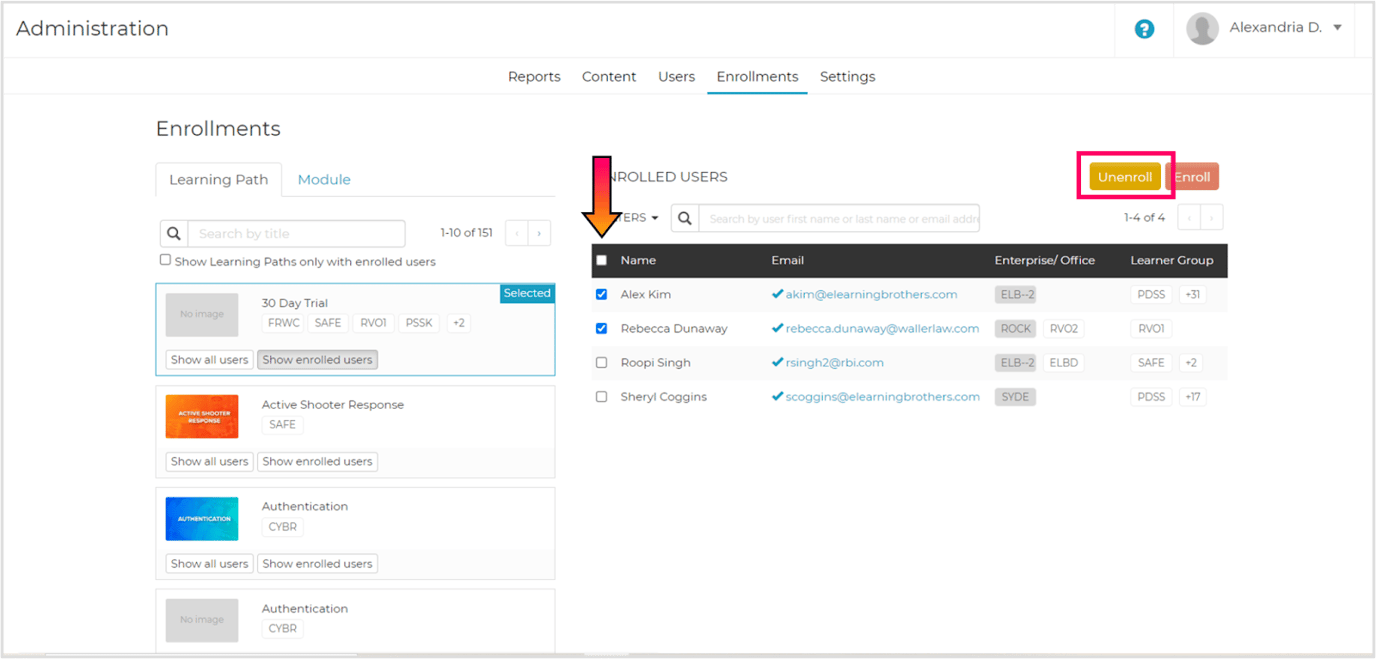 How do Admins Unenroll Users?